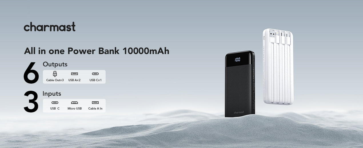 Charmast 10000mAh Built-in Cables | Ultra Slim | LED Display Power Ban